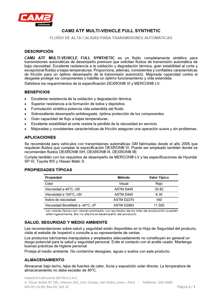 SIG HC 12.05 CAM2 ATF Multi Vehicle Full Synthetic Rev02 | PDF | Viscosidad