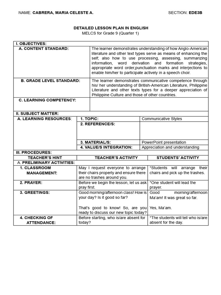 Detailed Lesson Plan in English | PDF | Lesson Plan | Learning