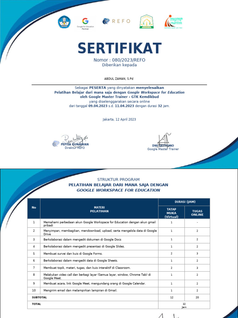 Sertifikat Pelatihan Google Workspace | PDF