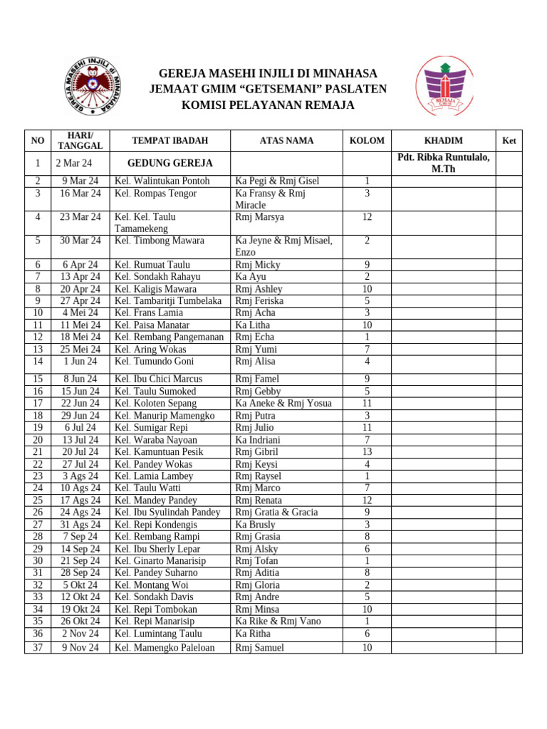 Jadwal Ibadah Remaja 2024 | PDF