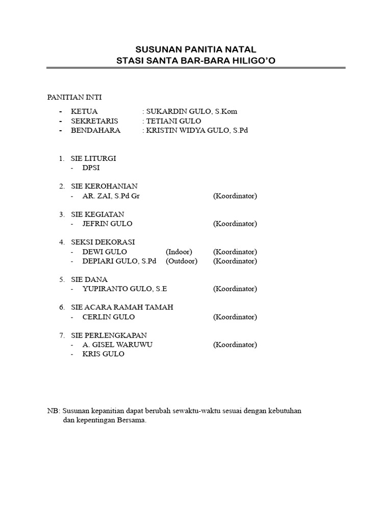 Susunan Kepanitiaan Natal 2024 | PDF