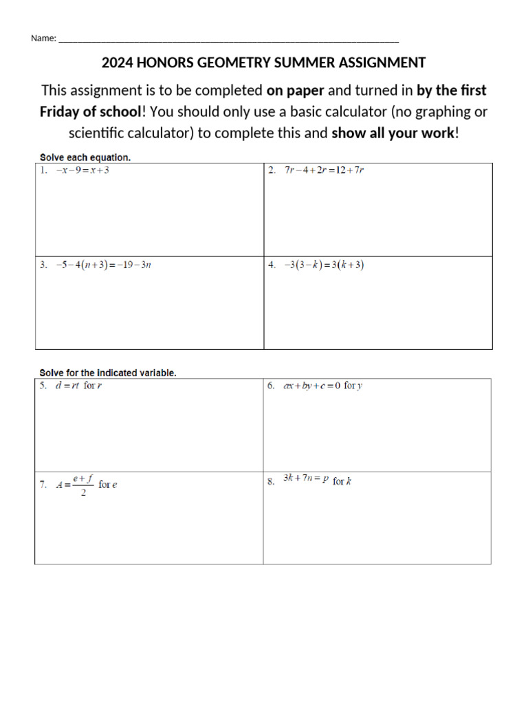 Honors Geometry Summer Assignment | PDF | Teaching Methods & Materials