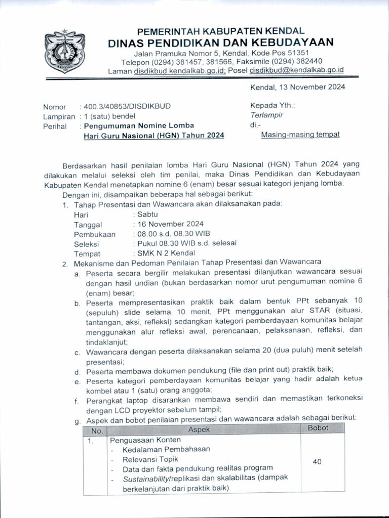 Pengumuman Nomine Lomba HGN 2024 | PDF