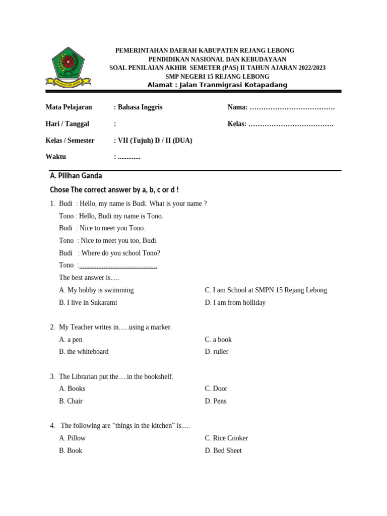 SOAL B. ING 7D | PDF