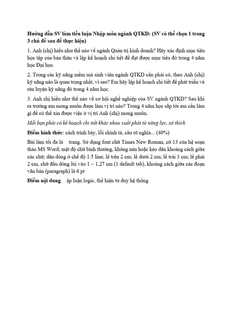 Hướng Dẫn SV Làm Tiểu Luận Nhập Môn Ngành QTKD | PDF