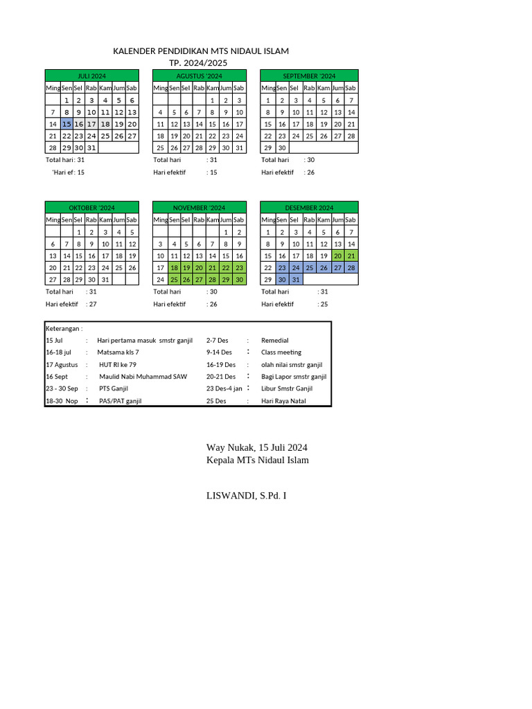 Kalender Pendidikan MTs Nidaul Islam 2024/2025 | PDF