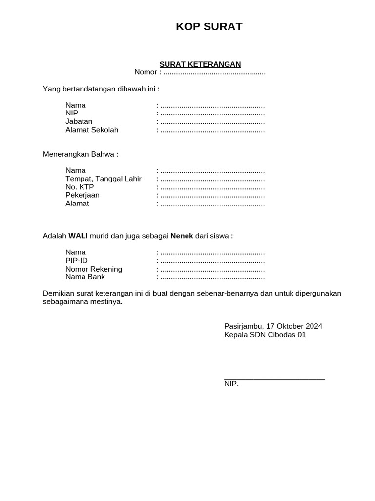 Surat Keterangan Wali PIP - 2024 | PDF