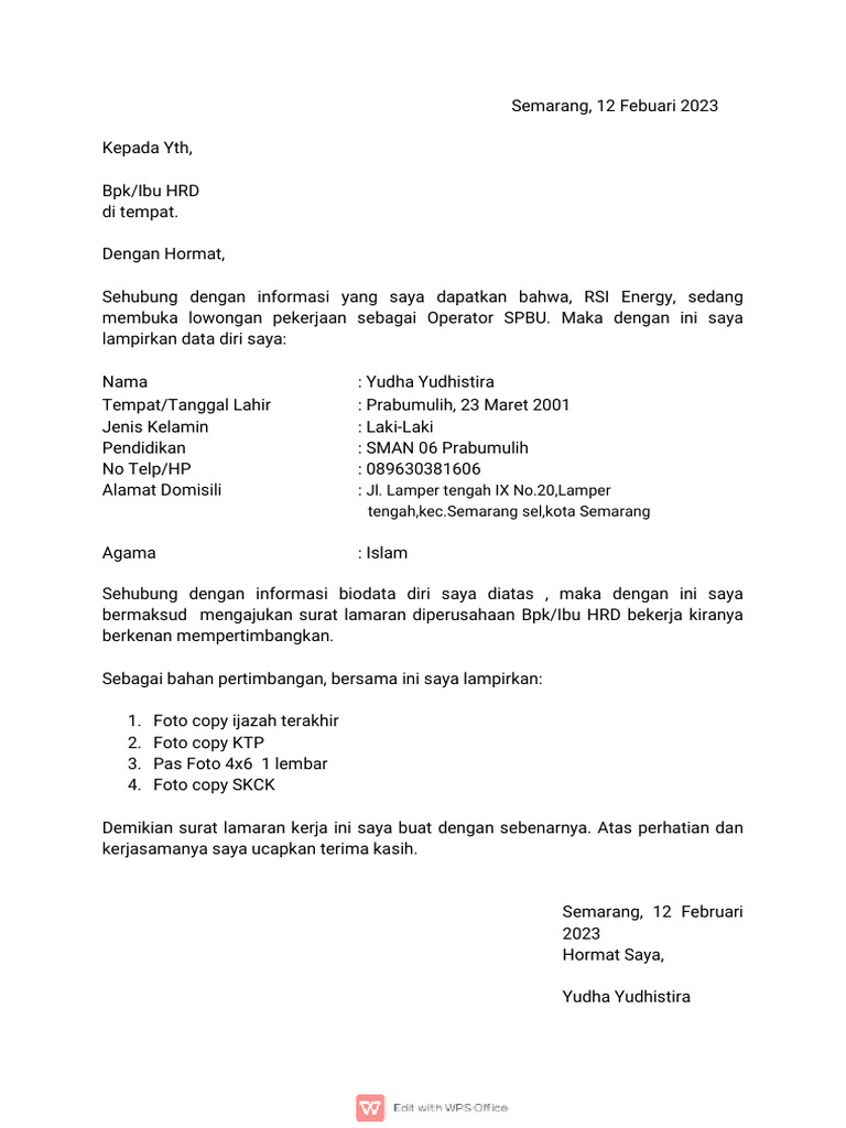 Surat Lamaran & CV Yudha Yudhistira SPBU | PDF