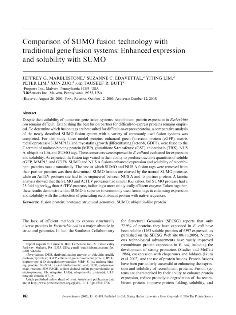 Comparison of SUMO Fusion Technology With Traditional Gene Fusion Systems - Enhanced Expression ...