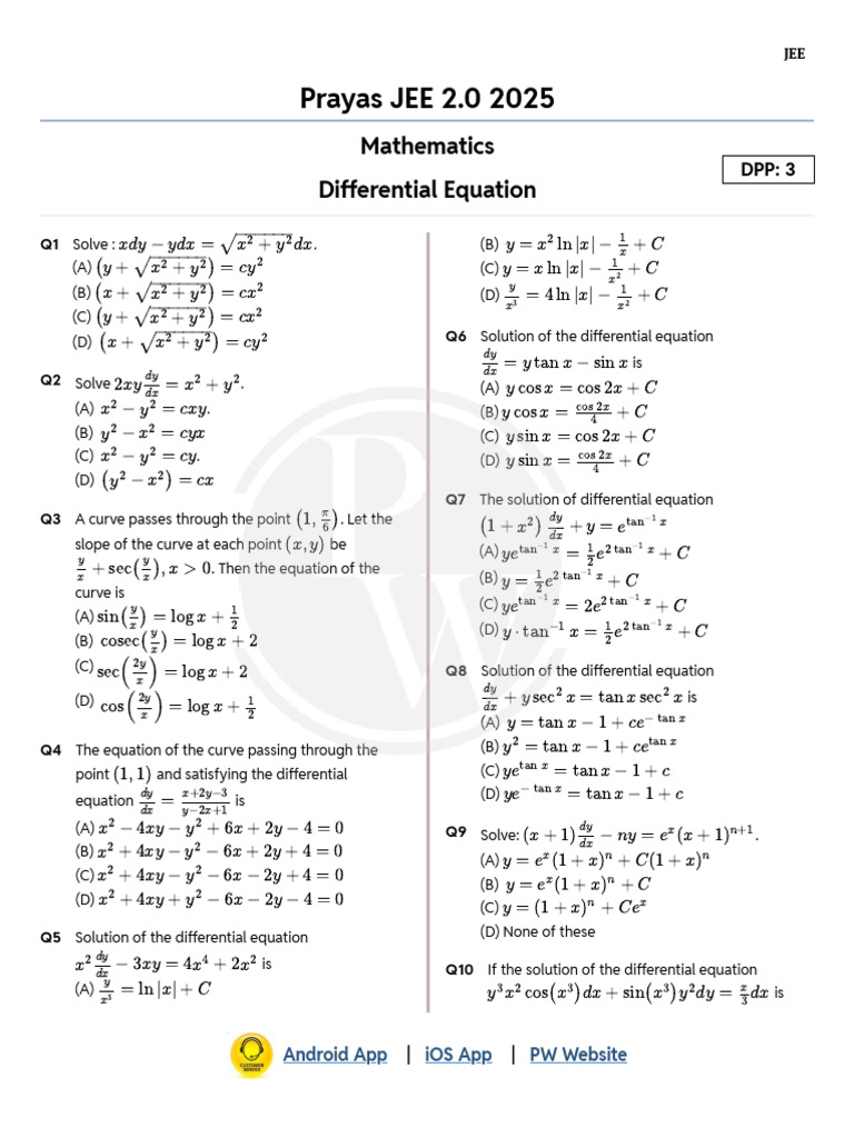 Differential Equation DPP 03 of Lec 04 Prayas JEE 2 0 2025 | PDF | Mathematical Objects ...