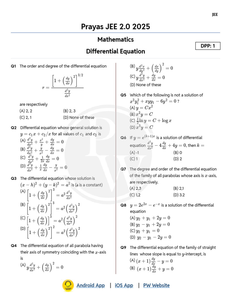 Differential Equation DPP 01 of Lec 02 Prayas JEE 2 0 2025 | PDF | Equations