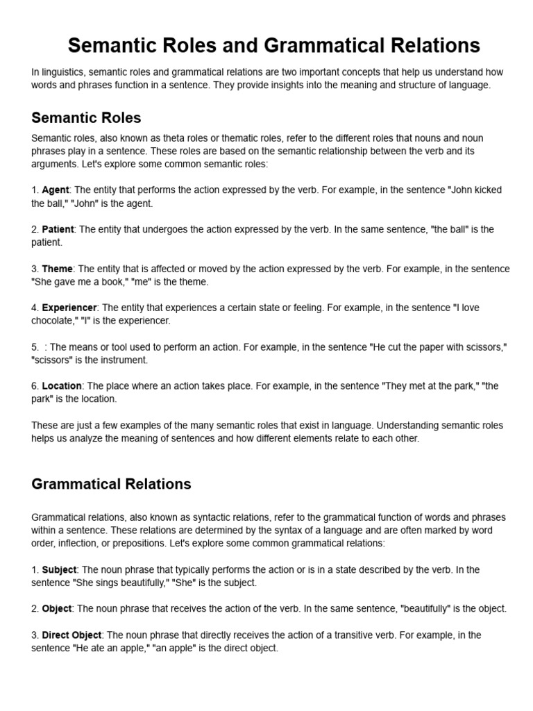Semantic Roles And Grammatical Relations Pdf Verb Phrase