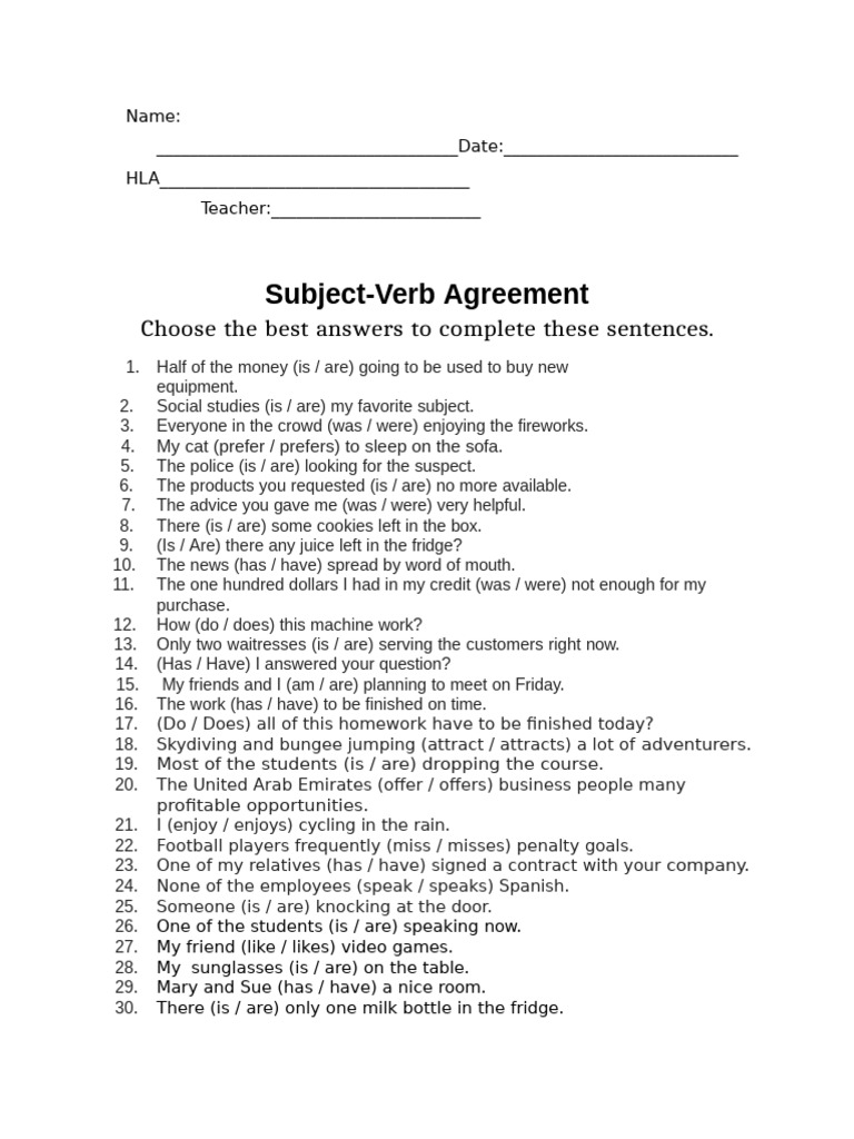 Subject-Verb Agreement Practice Quiz | PDF | Language Arts & Discipline