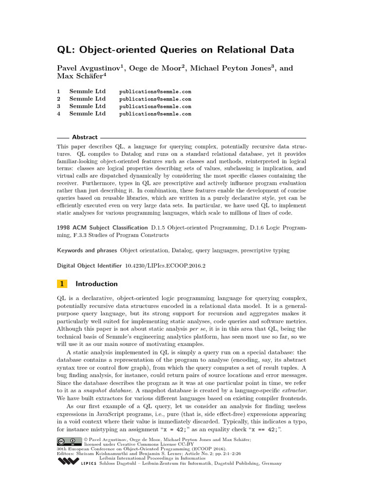 LIPIcs ECOOP 2016 2 | PDF | Object Oriented Programming | Relational Model