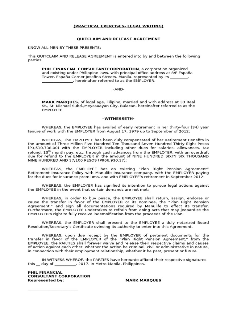 Practical Exercises-Quit Claim and Release Agreement | PDF | Employment ...