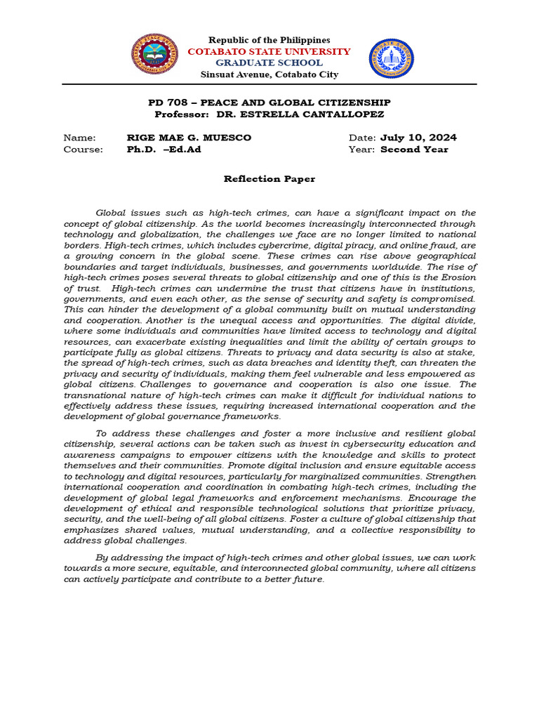 PD 708 Peace and Global Citizenship - Reflection Paper - Rige Mae G. Muesco | PDF | Computer ...