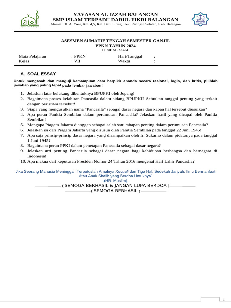 Soal PTS PPKN Kelas 7 2024 New | PDF