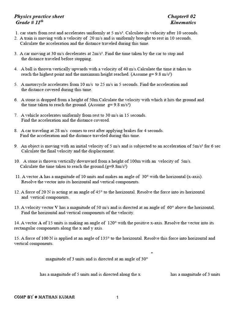 Kinematics Practice Problems for Grade 11 | PDF | Acceleration | Velocity