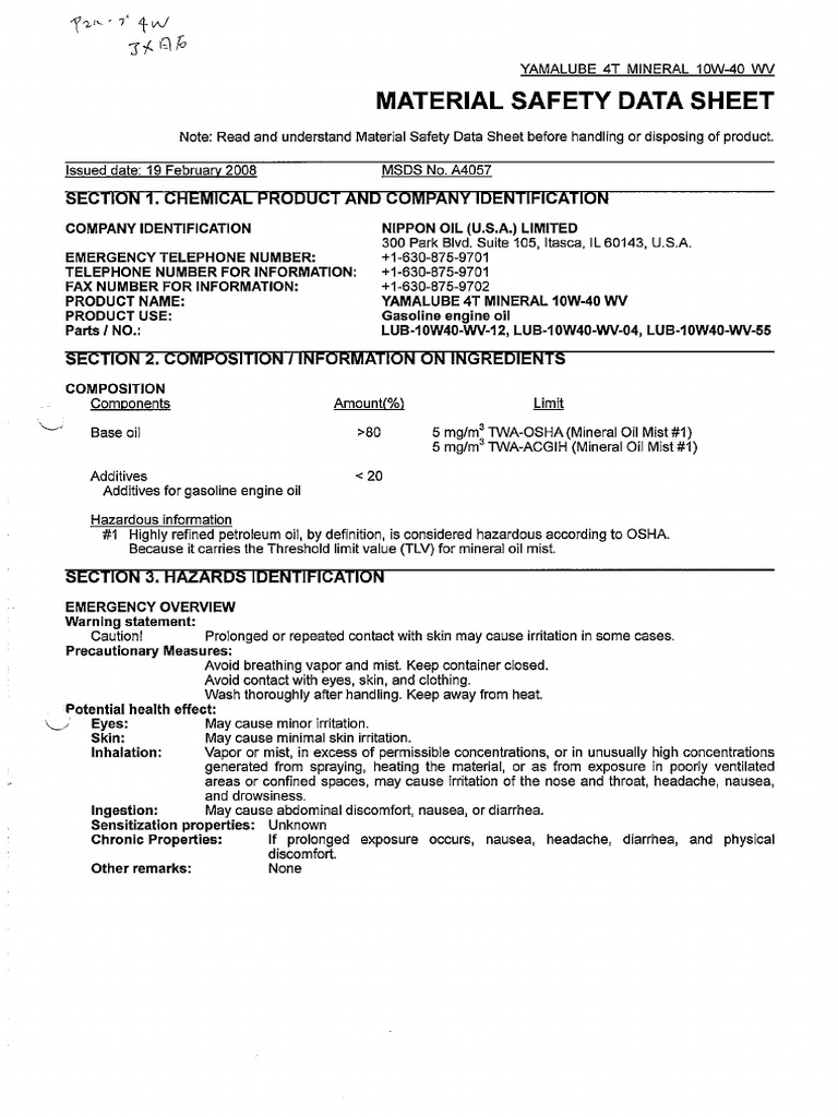MSDS Oil Yamalube Outboard 4T | PDF