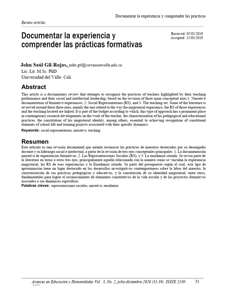 Documentar La Experiencia y Comprender Las Prácticas Formativas. GIL ROJAS | PDF | Aprendizaje ...
