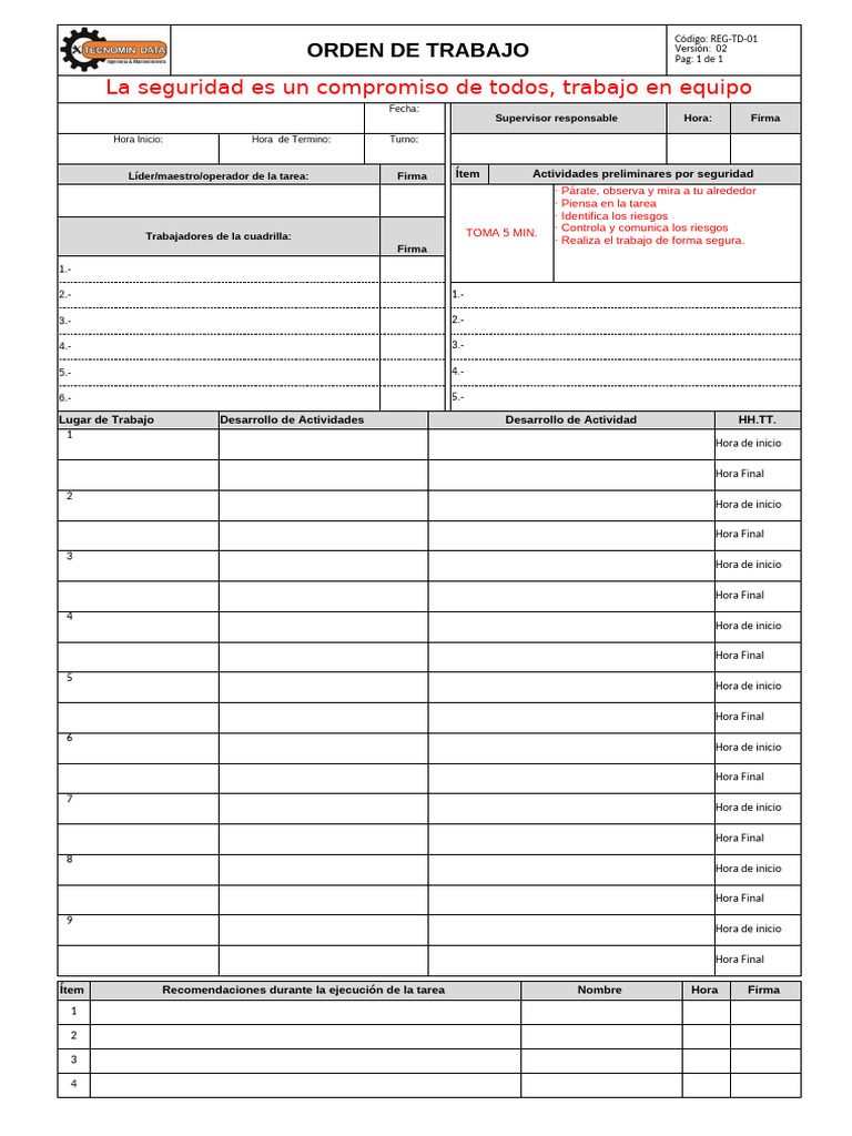 Reg TD 01 Orden de Trabajo A4 | PDF