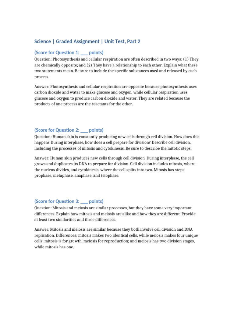 Science Unit Test With Questions and Answers Final | PDF | Mitosis ...