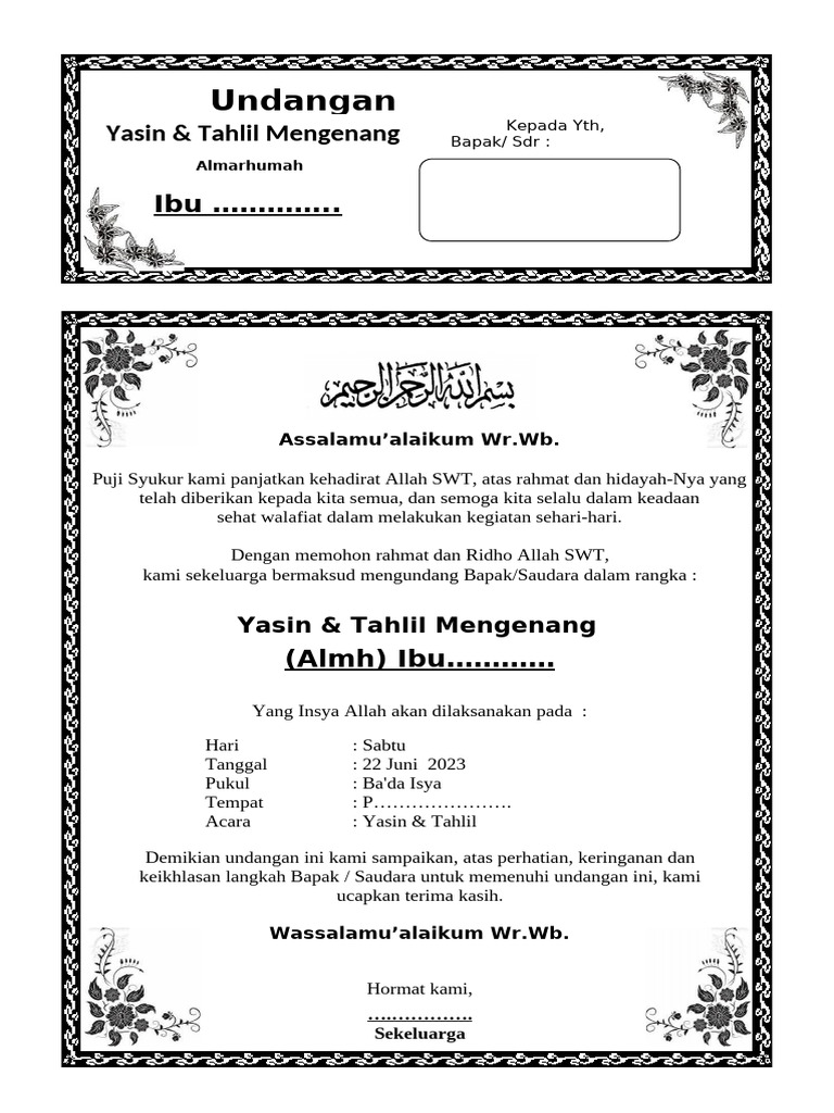 Contoh Undangan Tahlil 1 Tahun | PDF