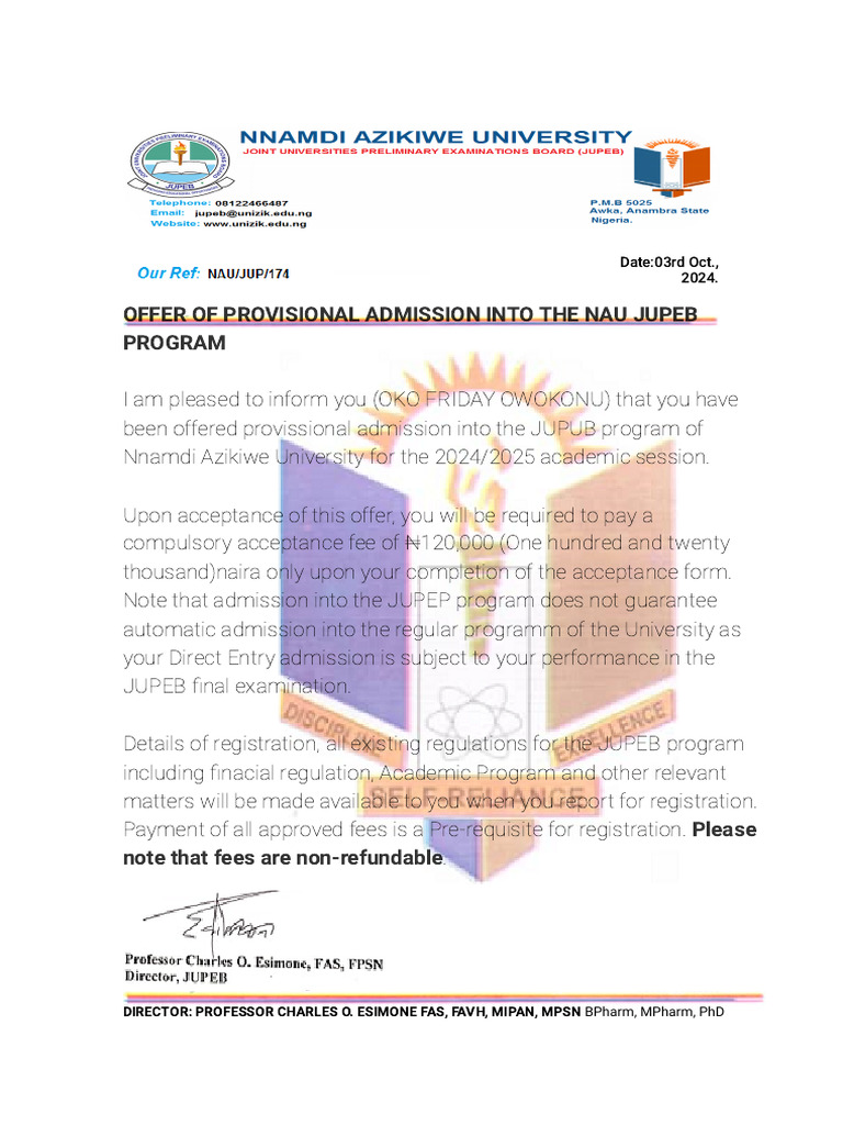 Jupeb Admissionletter | PDF