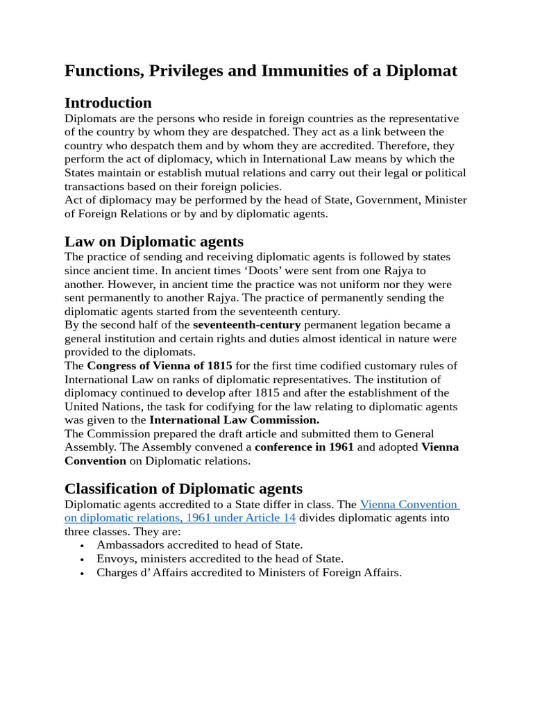 Diplomatic Agents: Functions and Immunities | PDF | Diplomacy | Diplomat