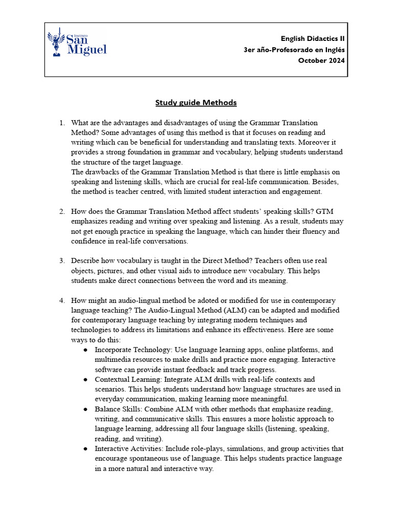 Study Guide Methods 1 Pdf Language Education Learning