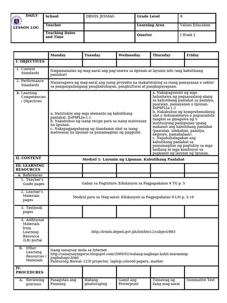 1st Quarter ESP 9 Week 2 Upload | PDF