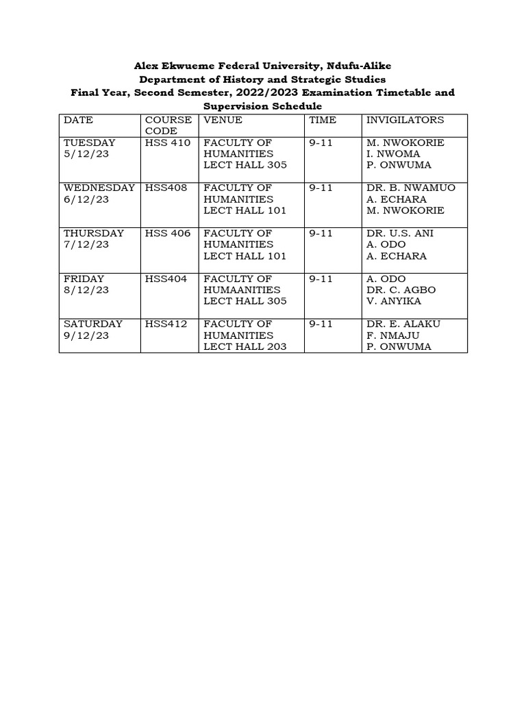 400l Exam Timetable - 2022.2023 | PDF | Science & Mathematics