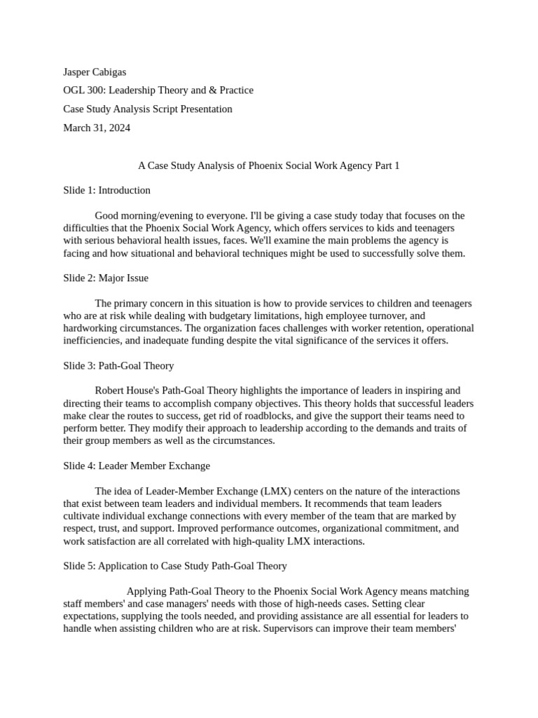 OGL 300 Case Study Script Phoenix Social Work Agency Part 1 | PDF | Leadership | Industrial And ...