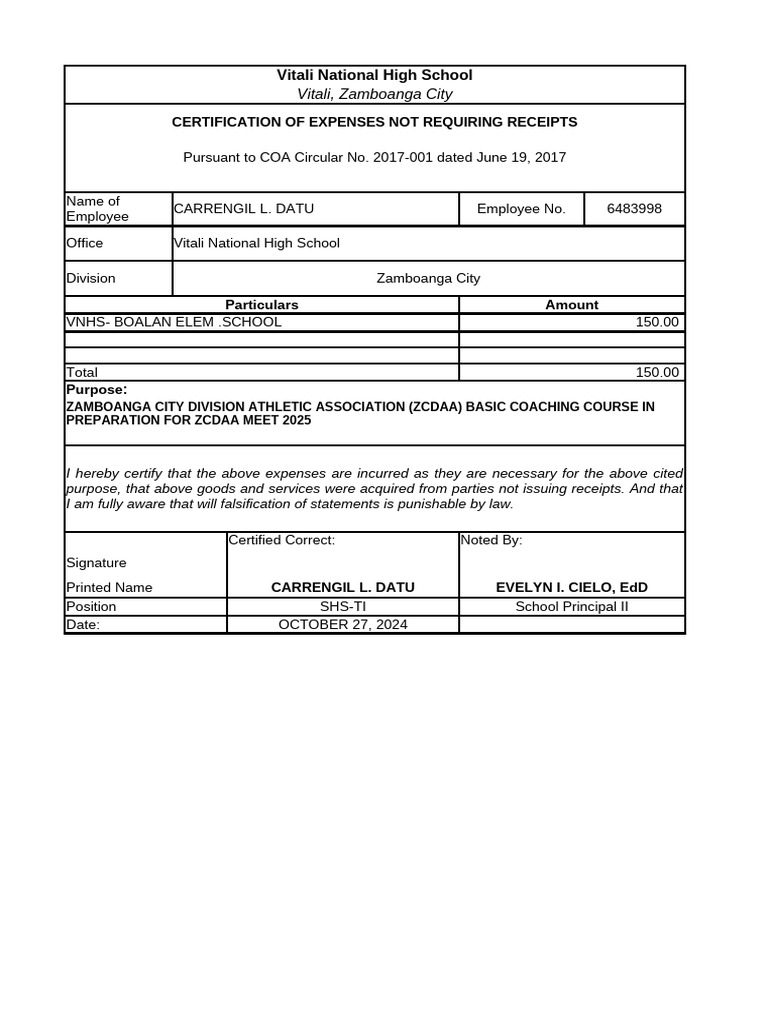 Certification of Non-Receipt Expenses | PDF