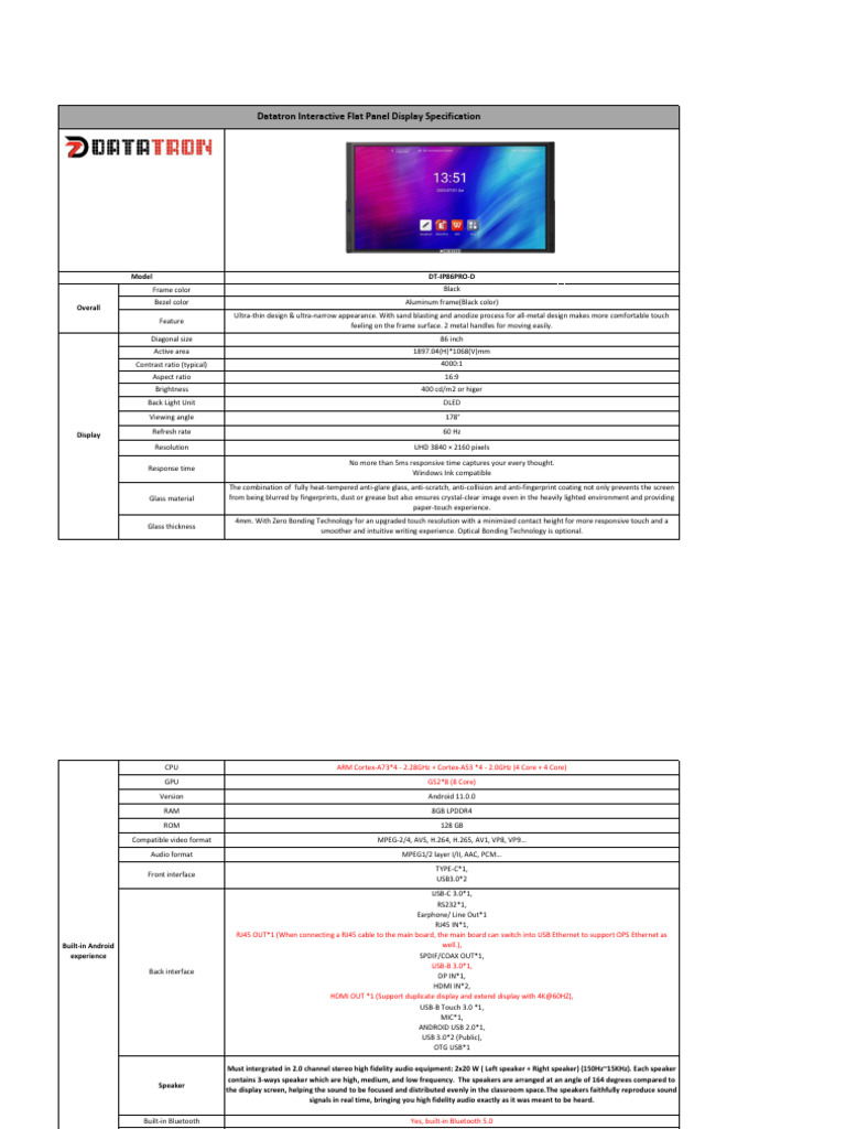 Datasheet-Datatron IFP 86inch | PDF | Touchscreen | Microphone