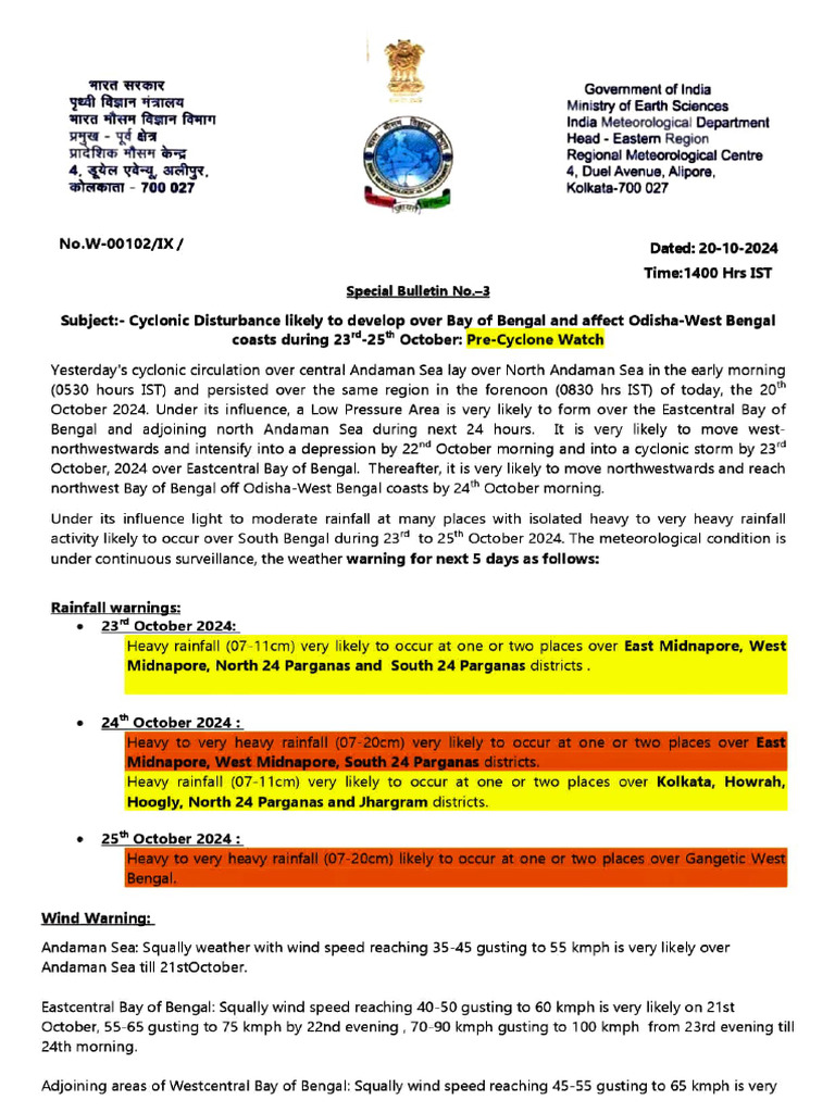 Pre-Cyclone Watch - IMD, Kolkata 20.10.2024 | PDF | Flood | Tropical ...