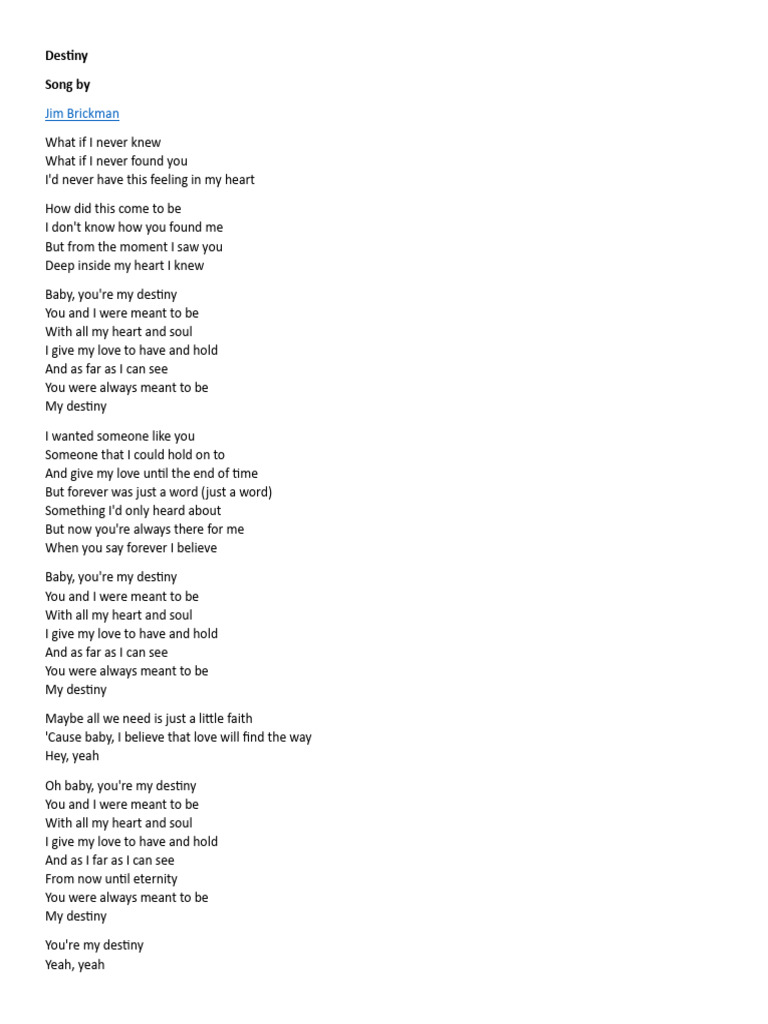 Jim Brickman - Destiny Lyrics | PDF | Poetry