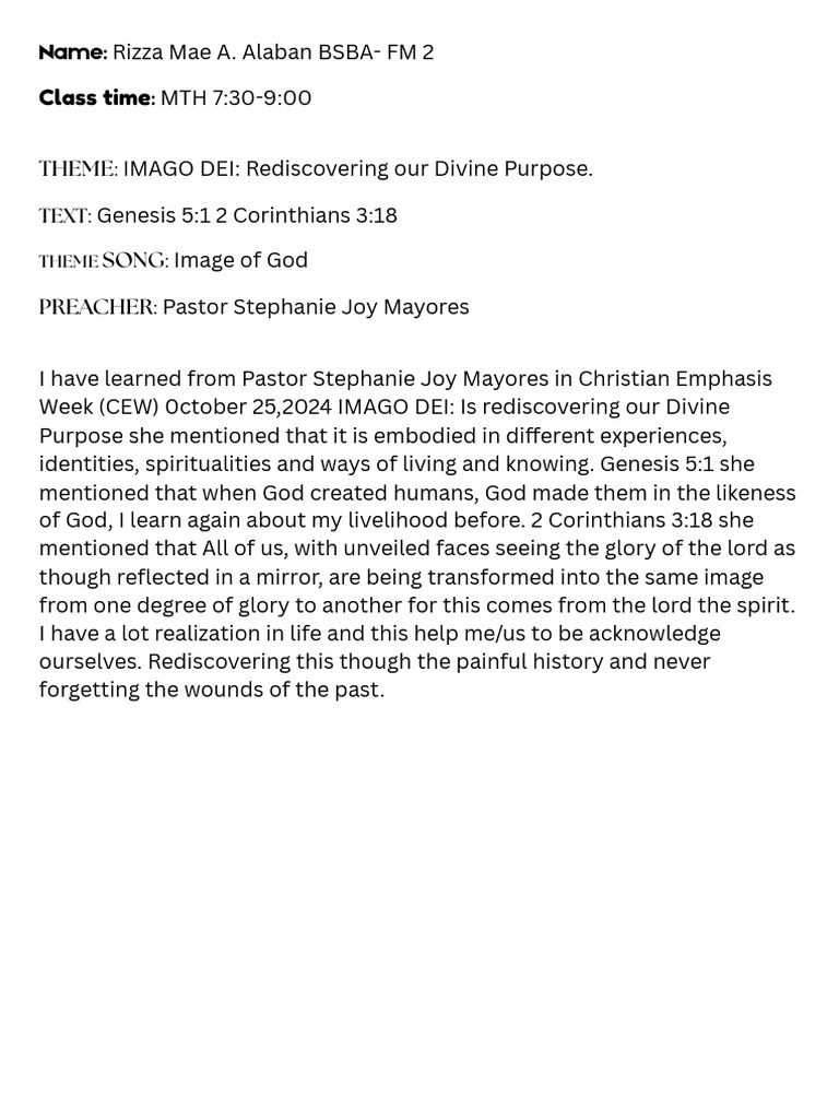 Name Rizza Mae A. Alaban BSBA - FM 2 PDF | PDF | Religion & Spirituality