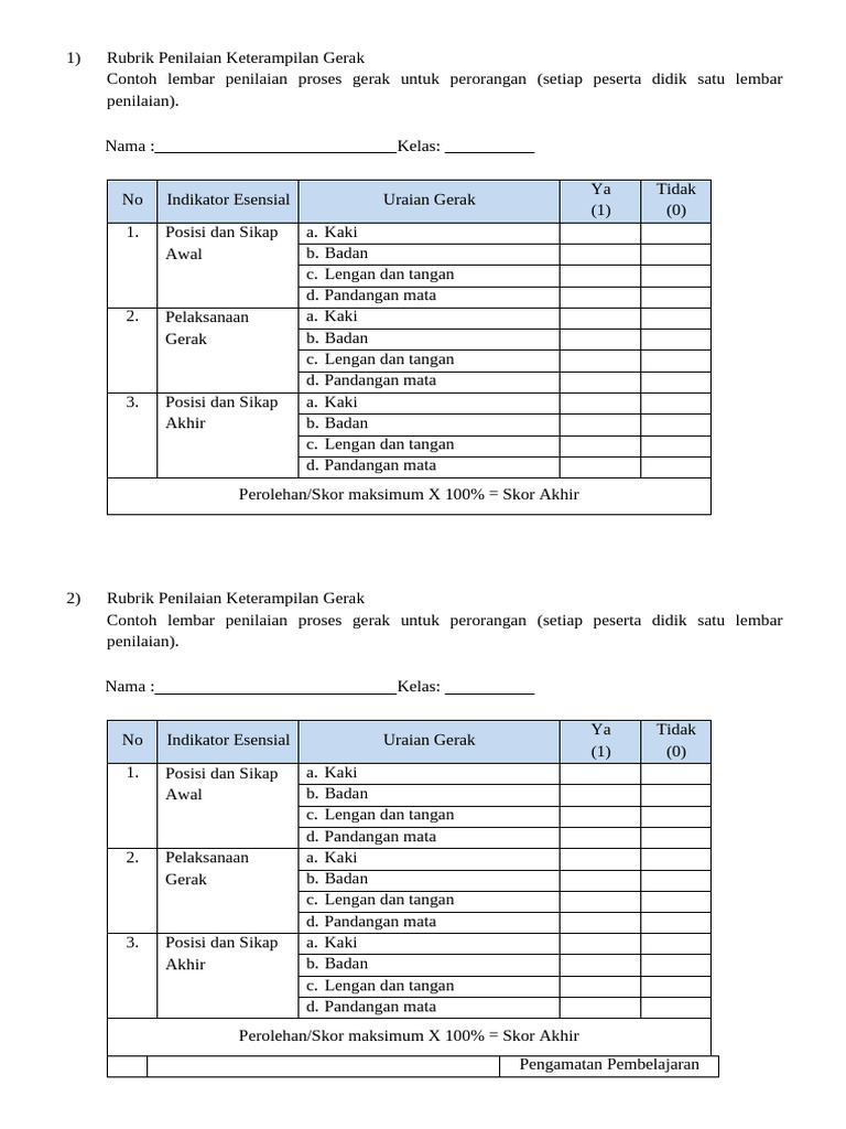 Rubrik Penilaian Keterampilan Gerak | PDF
