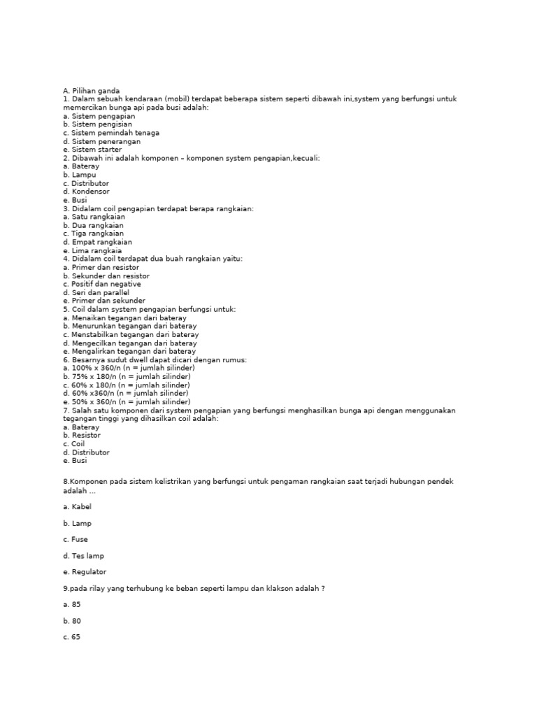 Soal Pilihan Ganda Dan Esay Kelas XL TKR | PDF