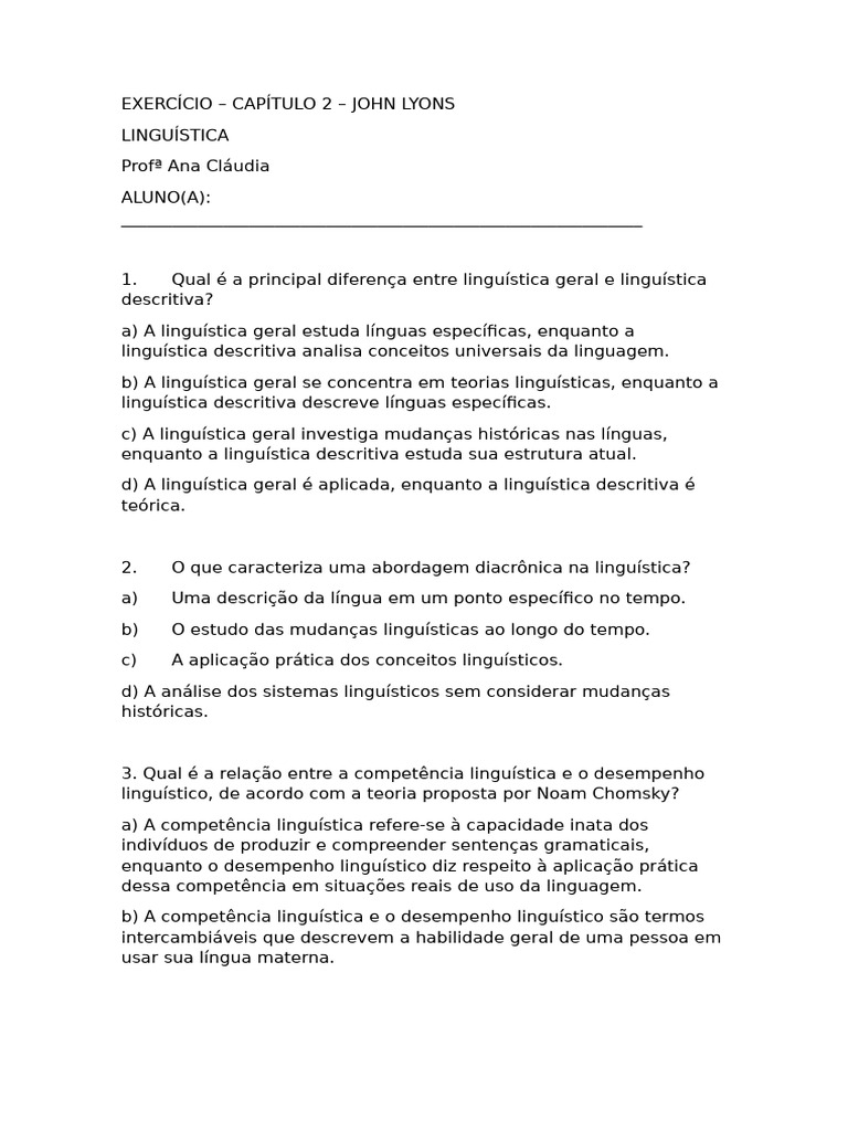 Exercício Capítulo 2 - Lyons | PDF | Linguística | Gramática