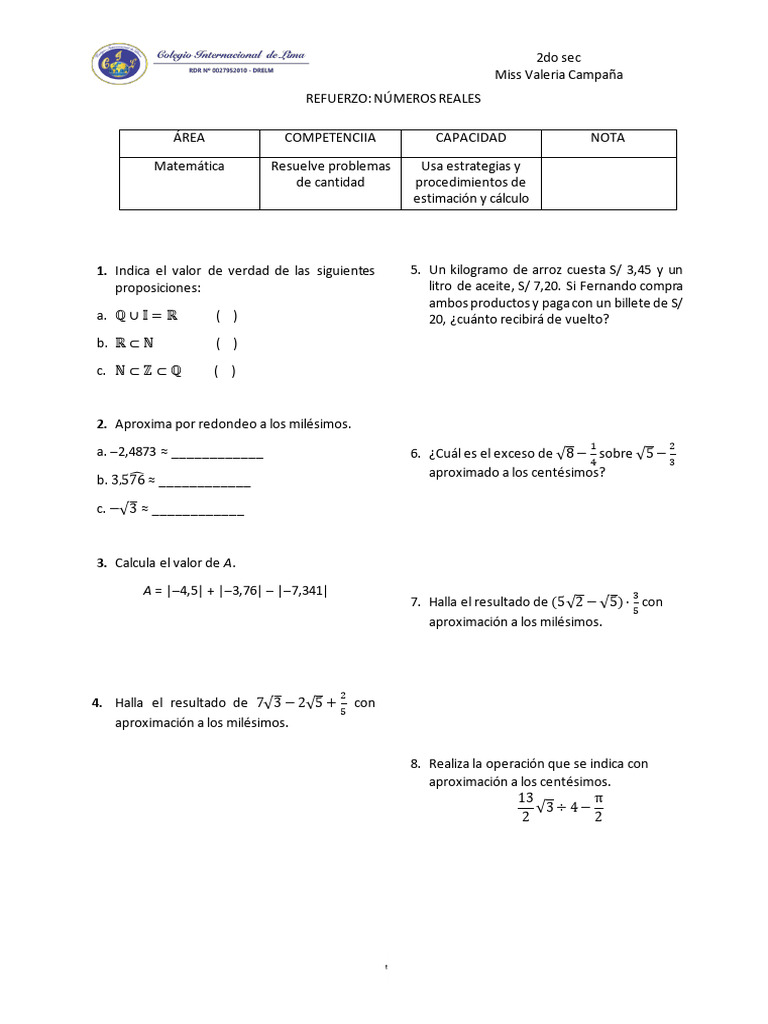 Ejercicios de Matemáticas: Números Reales | PDF