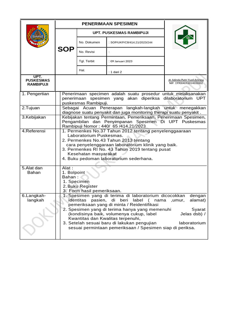 2 SOP Penerimaan, Spesimen | PDF