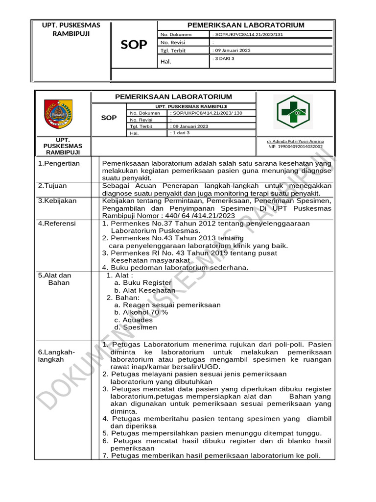 5 SOP Pemeriksaan Laboratorium | PDF