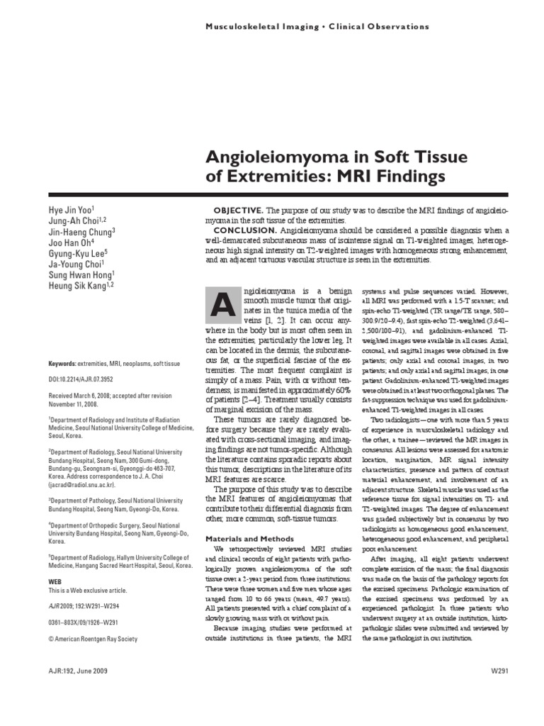 Angioleiomyoma in Soft Tissue of Extremities: MRI Findings | Download ...