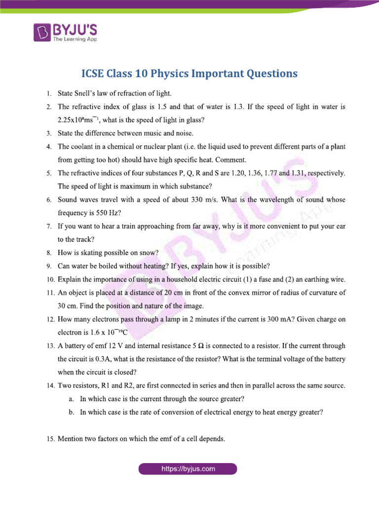 ICSE Class 10 Physics Important Questions | PDF