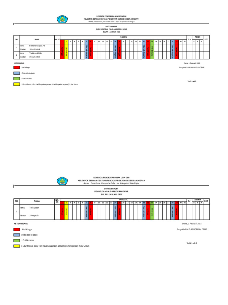 Contoh Absen Pendidik Dan Pengelola Tahun 20233333 | PDF