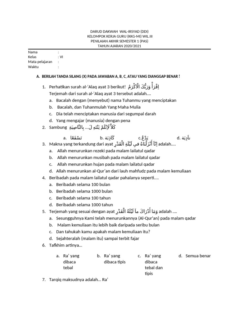 Soal Qurdis Kelas 6 | PDF