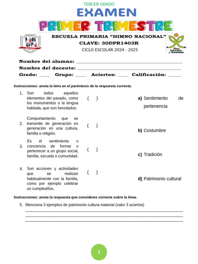 3° Examen Primer Trimestre Etica, Naturaleza y Sociedad Himno Nacional | PDF