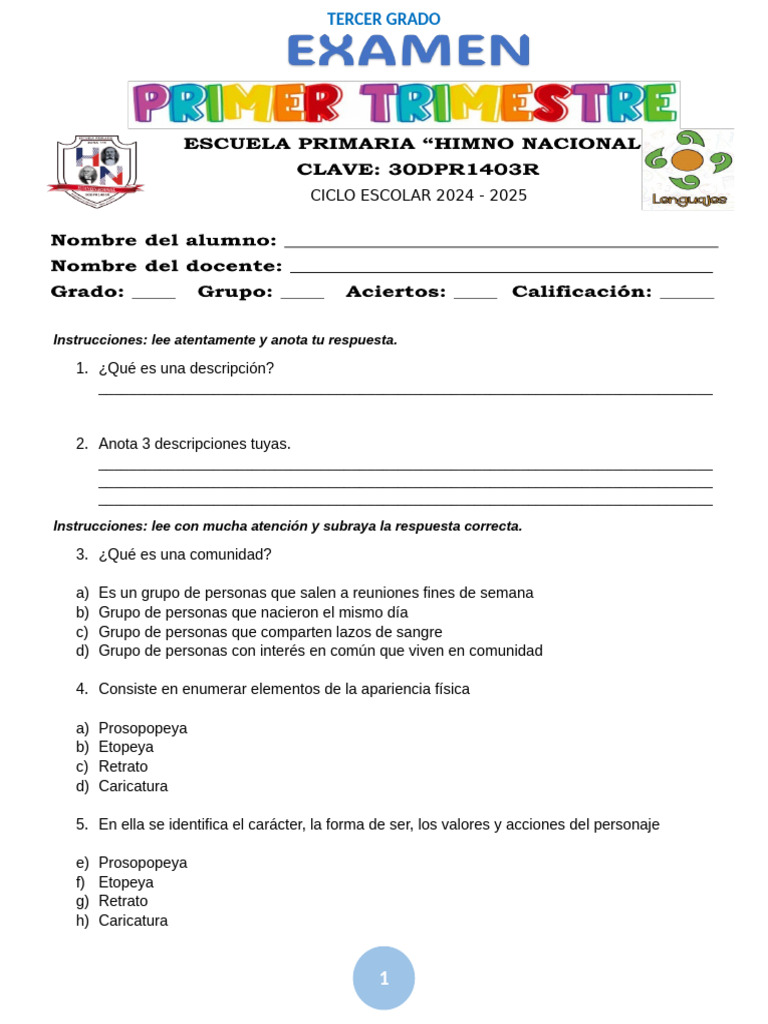 3° Examen Primer Trimestre Lenguajes Himno Nacional | PDF | Crecimiento personal y profesional ...